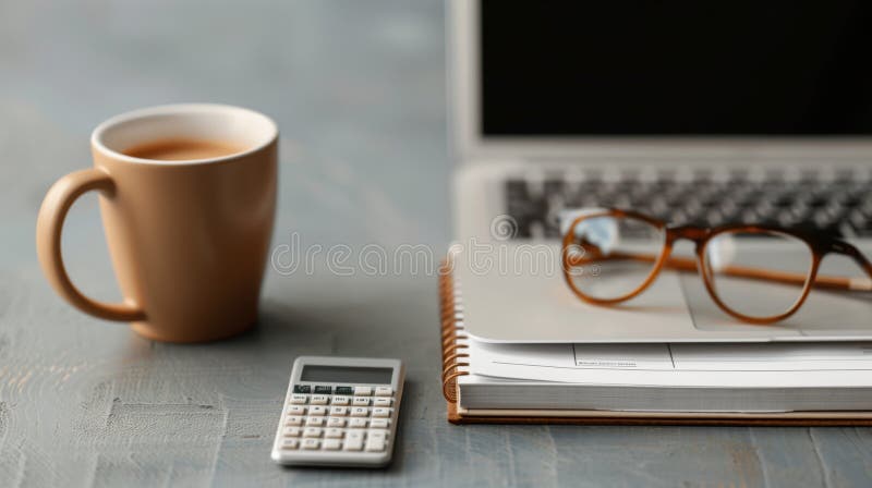 A Cup of Coffee Sits on a Desk with a Calculator, a Notebook, and a ...