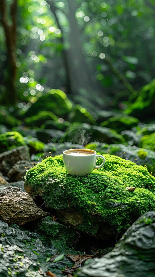A Cup of Coffee Sits on Top of Moss in the Forest Stock Photo - Image ...