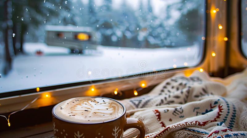 A Cup of Coffee Sits on a Window Sill with Snow Falling Outside Stock ...