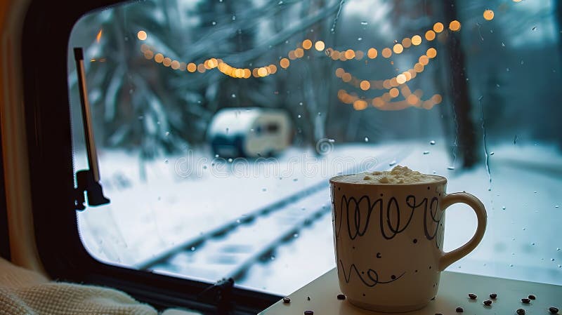 A Cup of Coffee Sits on a Window Sill with Snow Outside Stock Photo ...