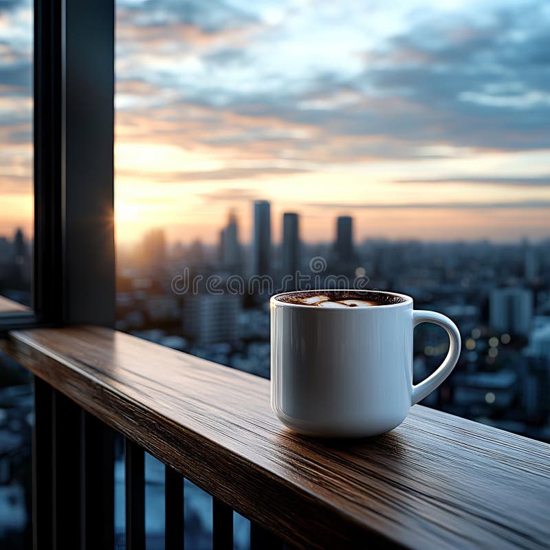 A Cup of Coffee Sitting on a Balcony Overlooking a City Stock Image ...