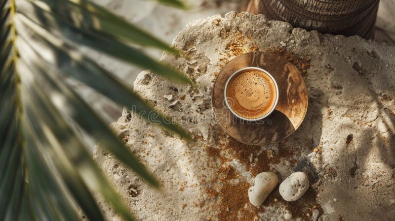 A Cup of Coffee Sitting on a Plate Next To Some Rocks, AI Stock Photo ...