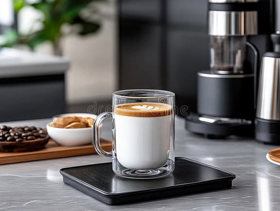A Cup of Coffee Sitting on Top of a Counter Next To a Coffee Maker ...