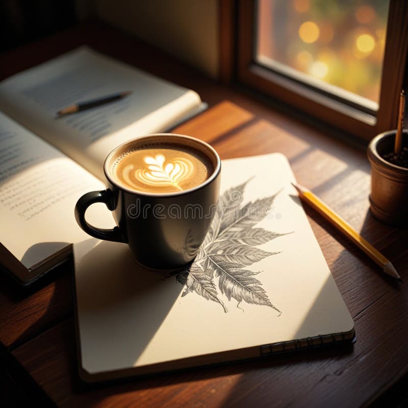Cup of Coffee with Sketch Book and Pencil, Creativity and Inspiration ...