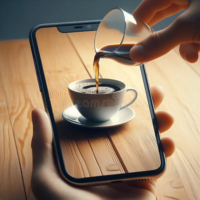 A Cup of Coffee on Smartphone Screen with Hand Pouring Coffee from ...