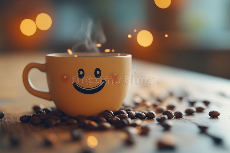 A Cup of Coffee with a Smiley Face on a Wooden Table, Surrounded by ...