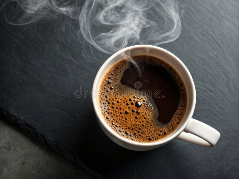 Cup of Coffee with Smoke on Black Background, Top View. Stock ...
