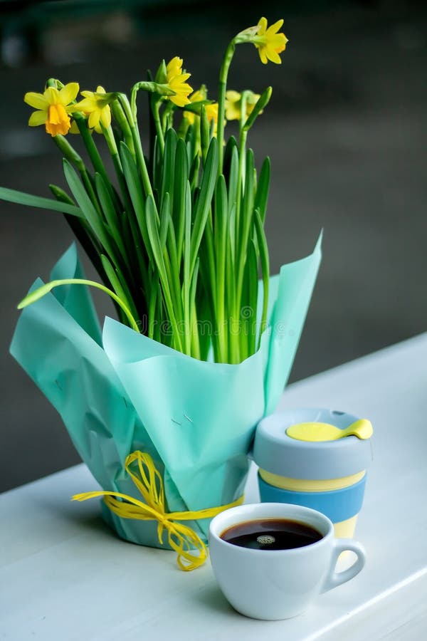 Cup of Coffee with Spring Flowers on White Table Stock Image - Image of ...
