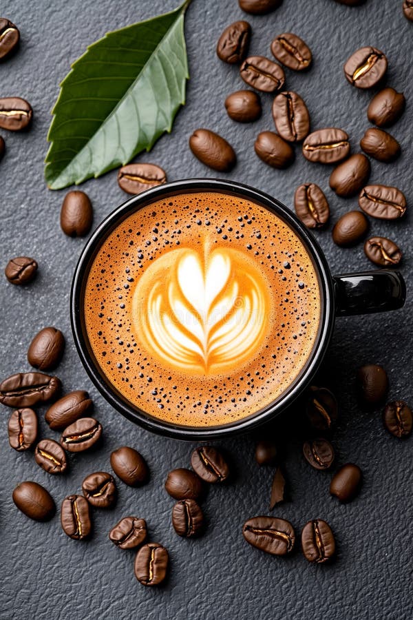 A Cup of Coffee Surrounded by Coffee Beans and a Leaf Stock Photo ...