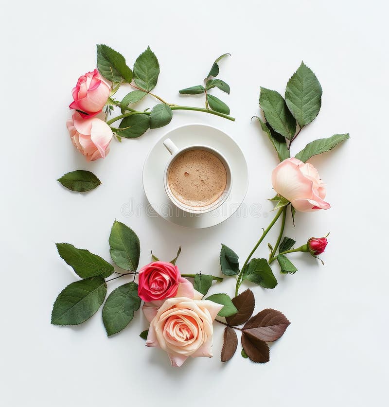A Cup of Coffee Surrounded by Pink Roses Stock Image - Image of ...