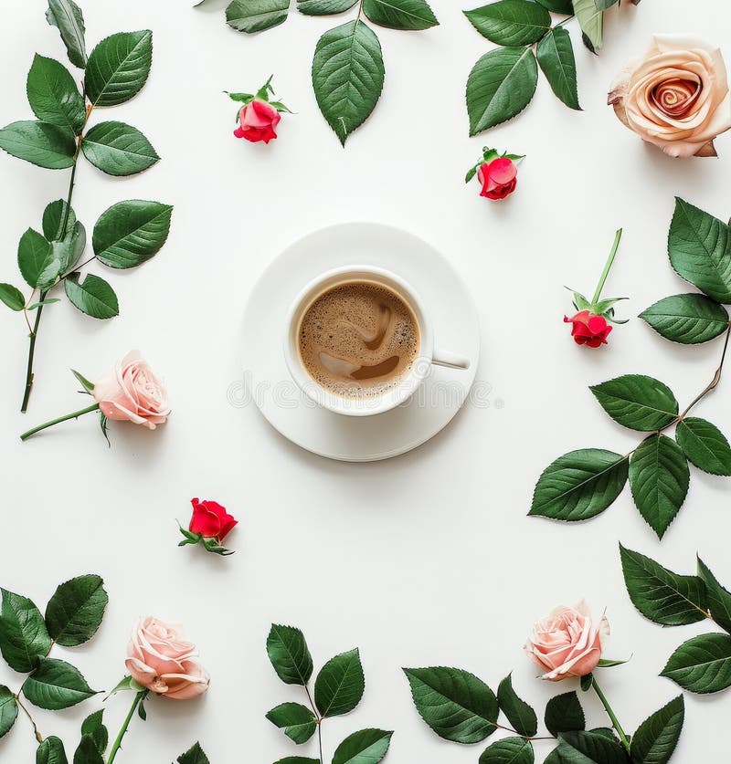 A Cup of Coffee Surrounded by Pink Roses Stock Image - Image of decor ...