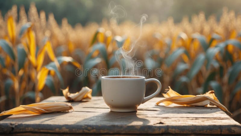 Cup of Coffee on the Table in a Corn Field Stock Illustration ...