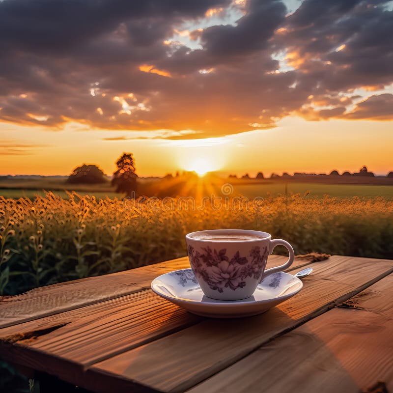 A Cup of Coffee on a Table in Front of a Field with at Sunset. Stock ...