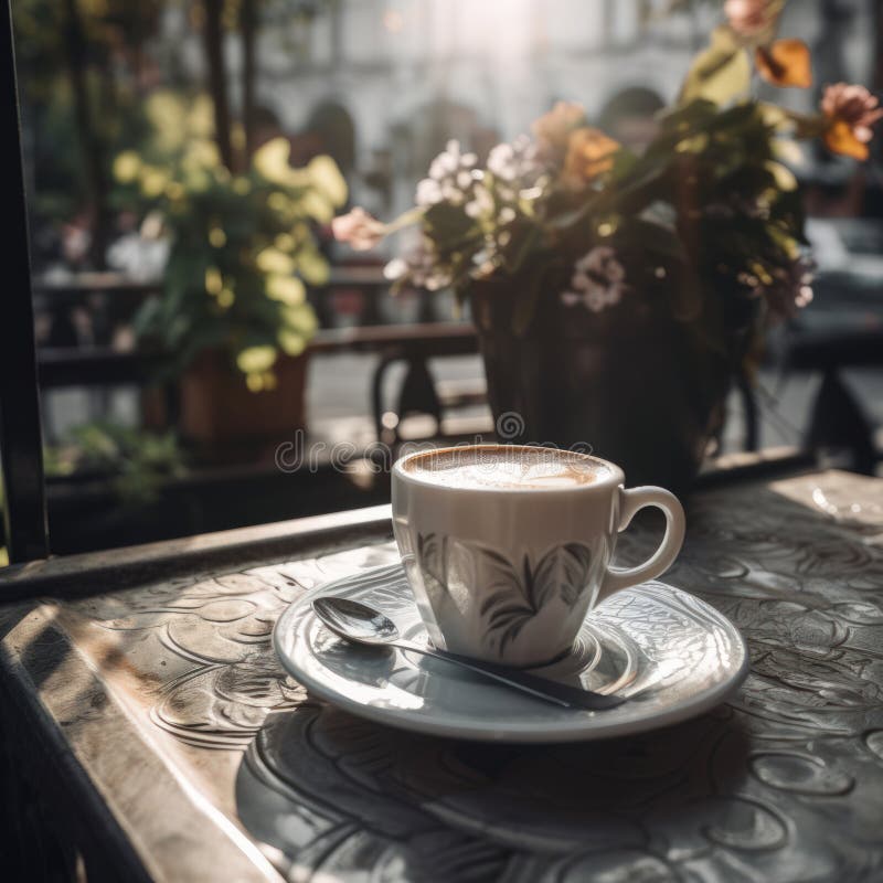 Cup of Coffee on the Table of an Outdoor Cafe. Generative AI. Stock ...