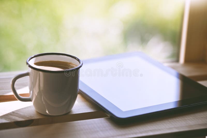 Cup of Coffee with Tablet Computer Stock Image - Image of energy ...