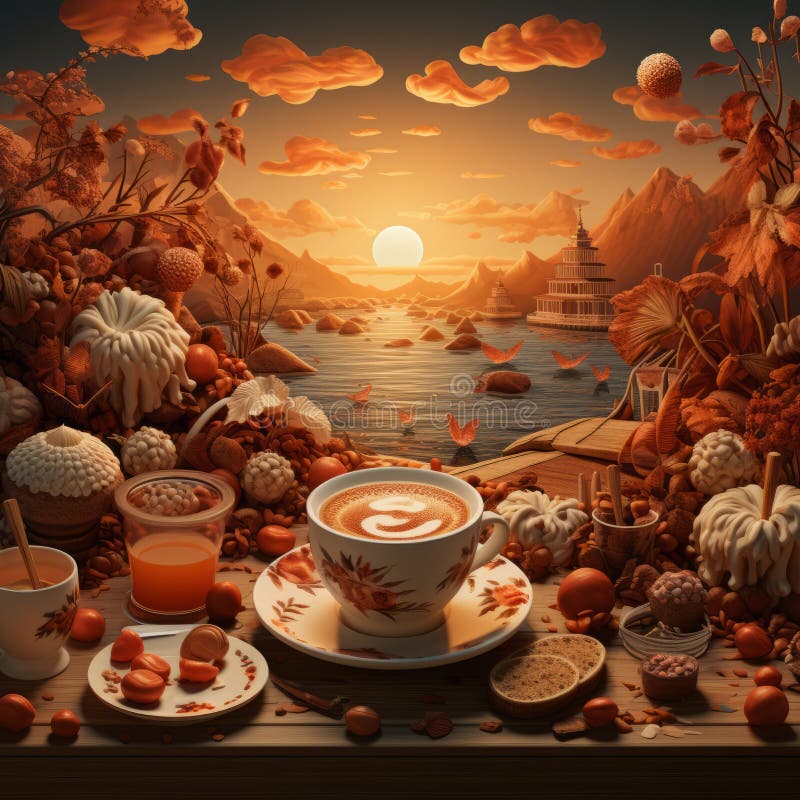 Cup of Coffee and Tea in the Background of the Sea. Illustration of a ...