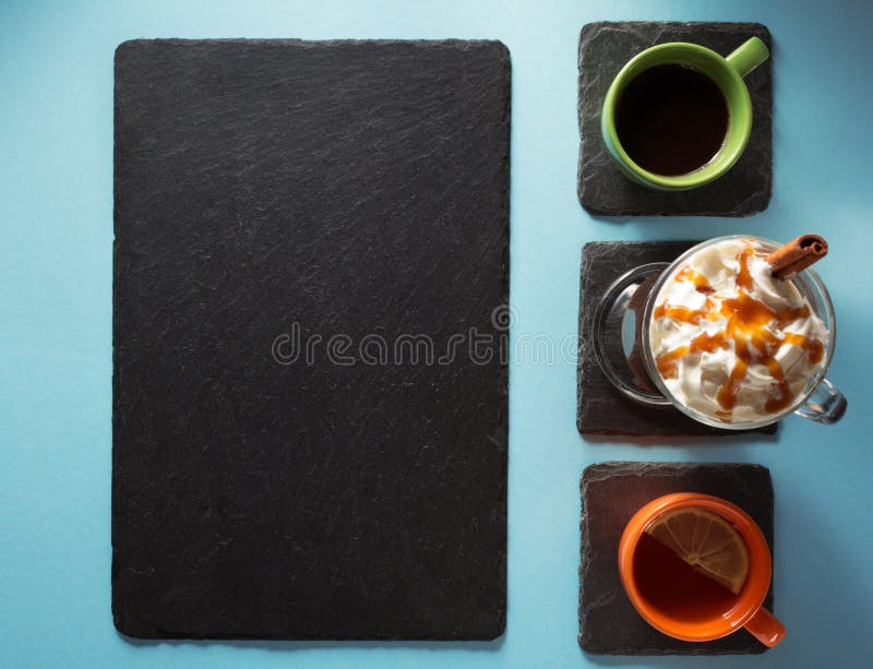 Cup of Coffee, Tea and Frappe Stock Image - Image of paper, blue: 85840251