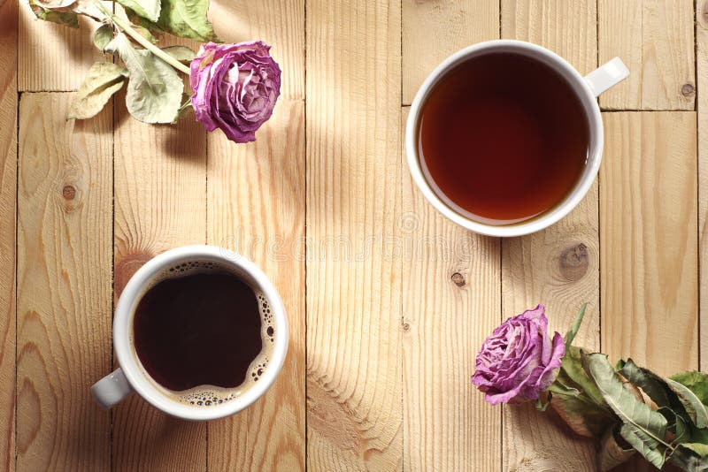 Cup of Coffee, Tea and Two Dried Roses Stock Photo - Image of espresso ...