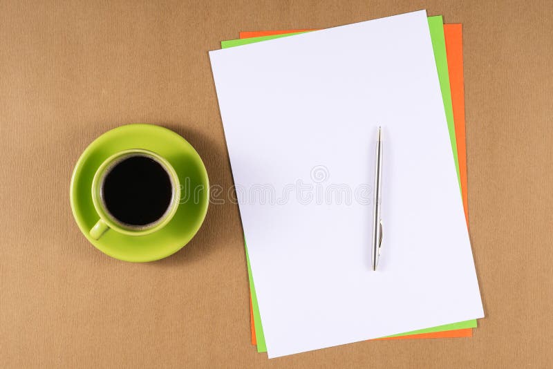 Cup of Coffee, Three Sheets of Paper and Pen Stock Image - Image of ...