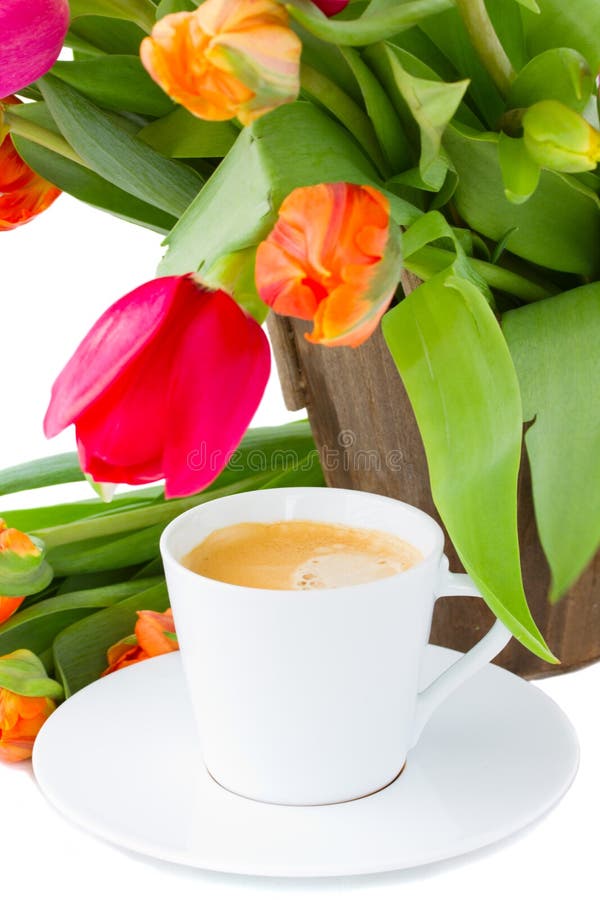 Cup of coffee with tulips stock photo. Image of tasty - 28024336