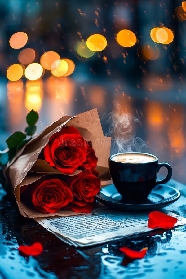A Cup of Coffee and Two Red Roses on a Table Stock Image - Image of ...