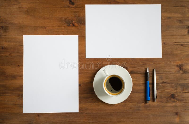 Cup of Coffee, Two Sheets of Paper and Two Pens Stock Image - Image of ...