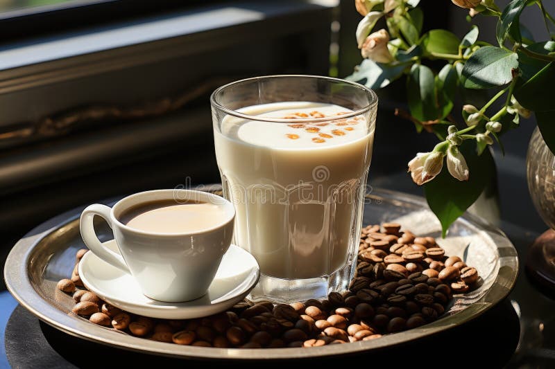 A Cup of Coffee with Upper View of Milk with Coffee Beans O Stock ...