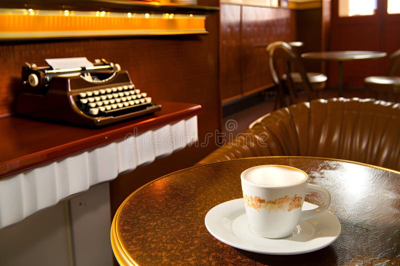 Cup of Coffee on a Vintage Cafe Table with a Retro Typewriter in the ...