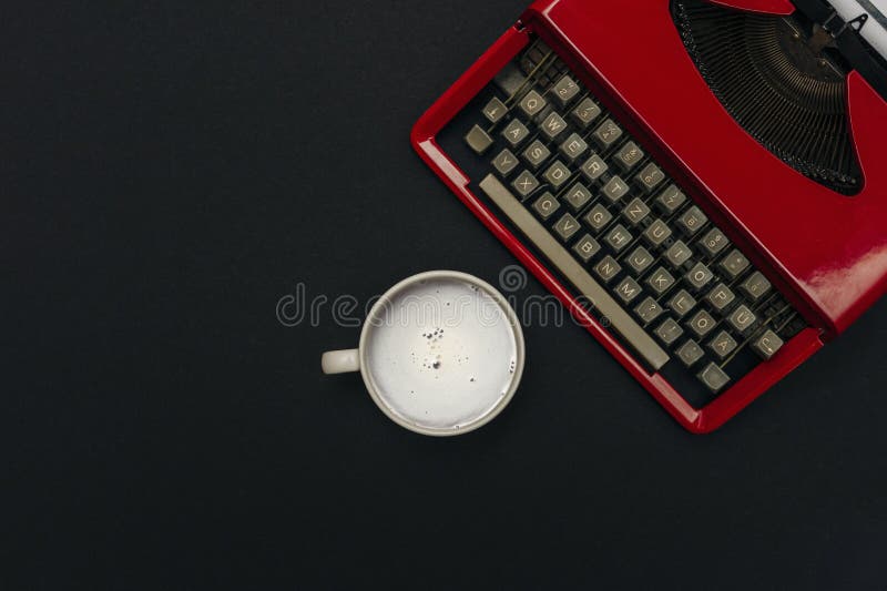 Cup Coffee Vintage Red Typewriter Black Background Top View Stock ...
