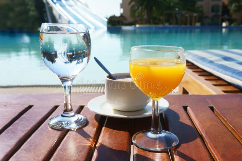 Cup of Coffee, Water and Juice Stock Photo - Image of dinner, coffee ...