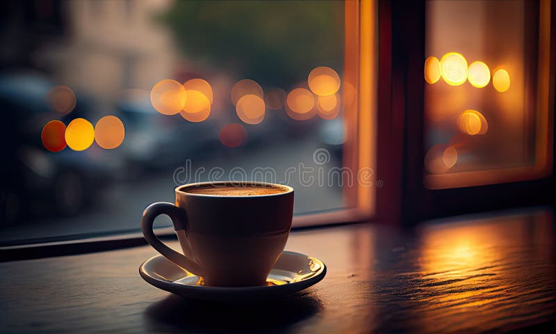 A Cup of Coffee on the Window of a Cozy Cafe in the Background of the ...