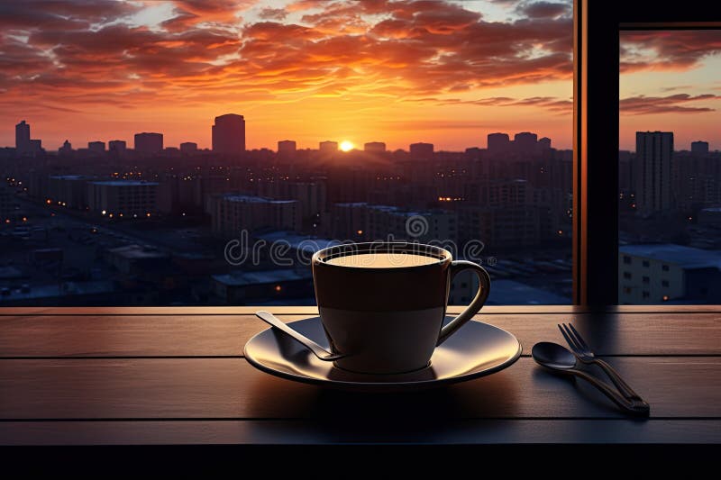 Cup of Coffee on the Window with a View of the Sunrise Stock ...