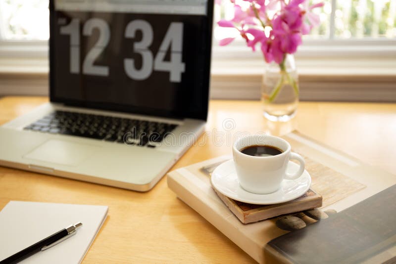 Cup of Coffee on Wooden Desk with Laptop Computer Stock Photo - Image ...