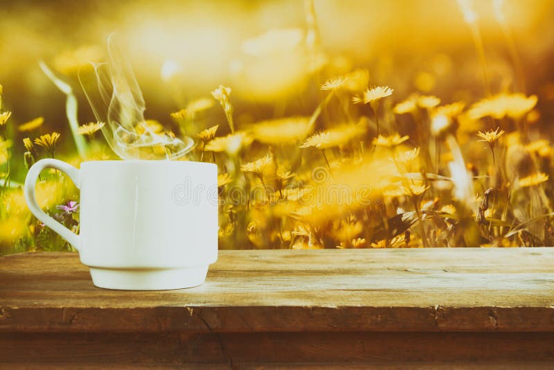 Cup of Coffee a Wooden Table in Front of Spring Landscape Stock Photo ...