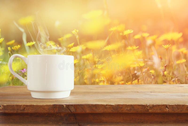 Cup of Coffee a Wooden Table in Front of Spring Landscape Stock Image ...
