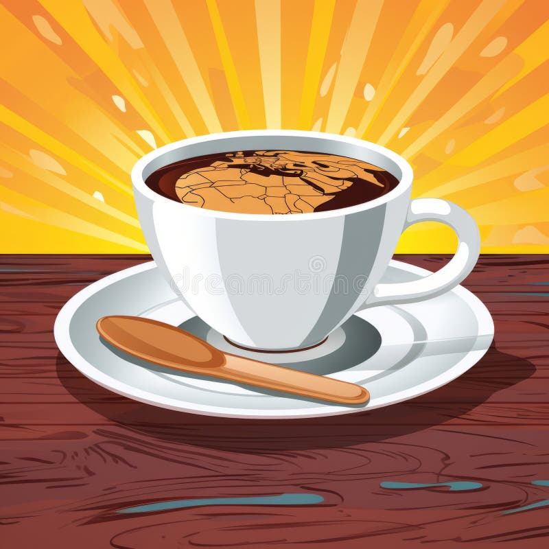A Cup of Coffee on a Wooden Table with Sun Rays Stock Illustration ...