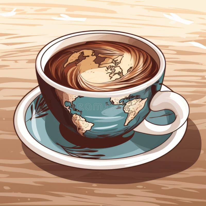 A Cup of Coffee with a World Map on it Stock Illustration ...