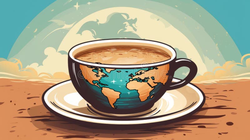 A Cup of Coffee with a World Map on it Stock Illustration ...