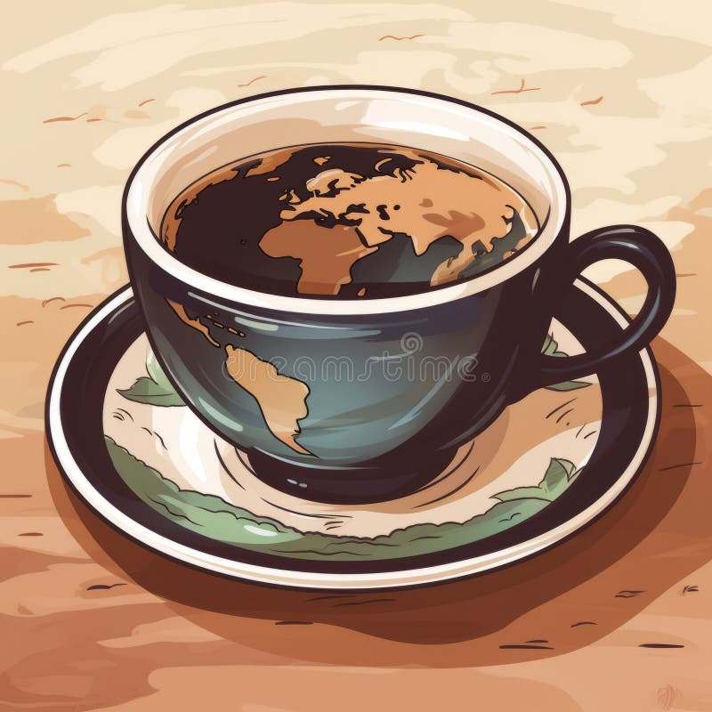 A Cup of Coffee with the World Map on it Stock Illustration ...