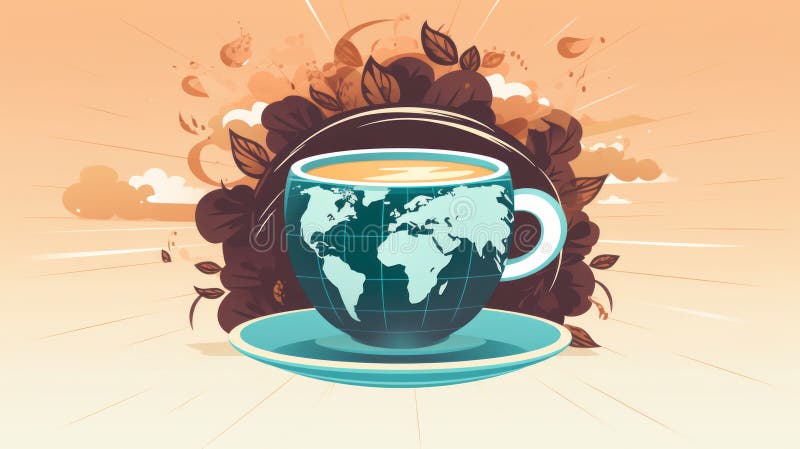A Cup of Coffee with the World Map on it Stock Illustration ...