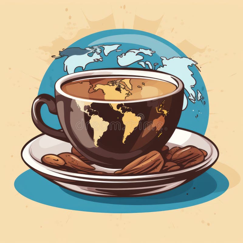 A Cup of Coffee with a World Map and Almonds on a Saucer Vector ...