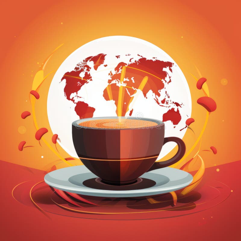 Coffee Cup with World Map and Coffee Beans Vector Illustration Stock ...