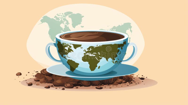 A Cup of Coffee with a World Map on the Cup and Leaves on the Saucer ...