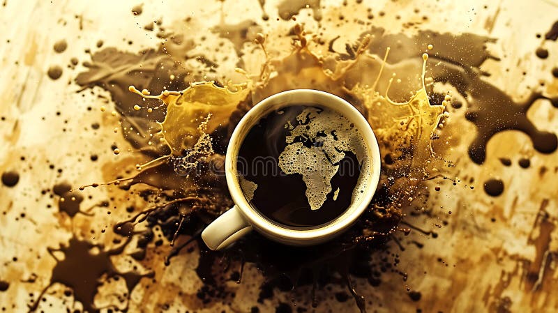 Cup of Coffee with a World Map on Splashes of Coffee Stock Illustration ...