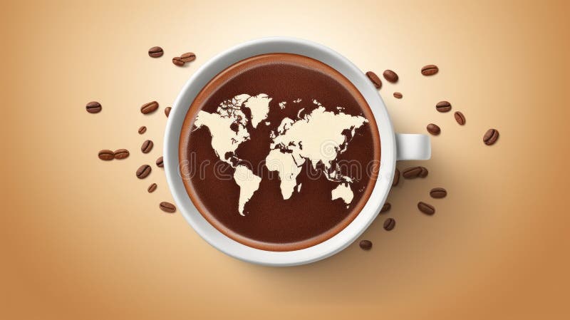 A Cup of Coffee with a World Map on the Top and Coffee Beans on the ...