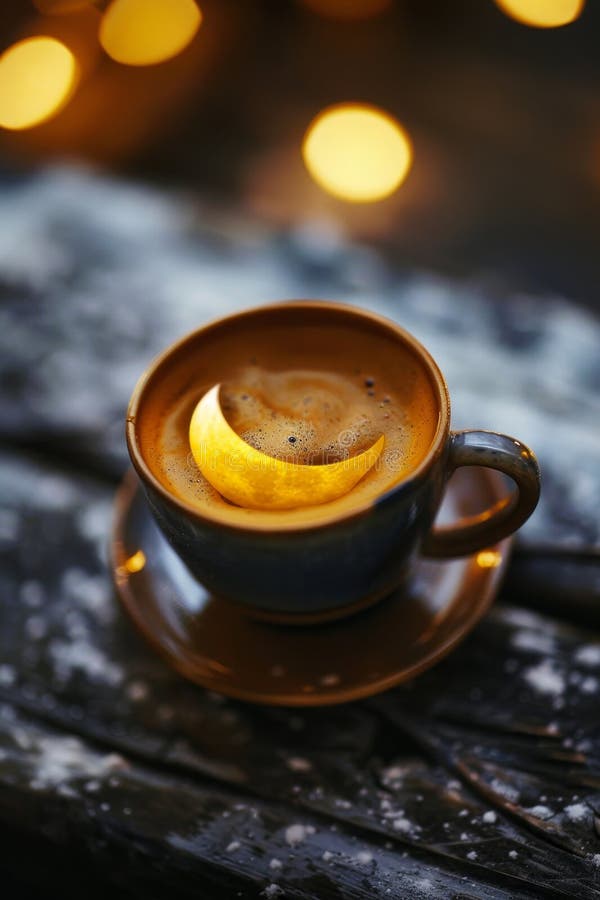 Cup with Coffee and Yellow Moon. Night in the Kitchen Stock ...