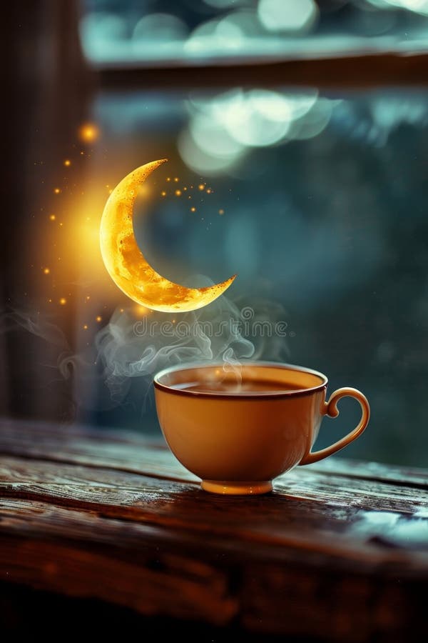 Cup with Coffee and Yellow Moon. Night in the Kitchen Stock ...
