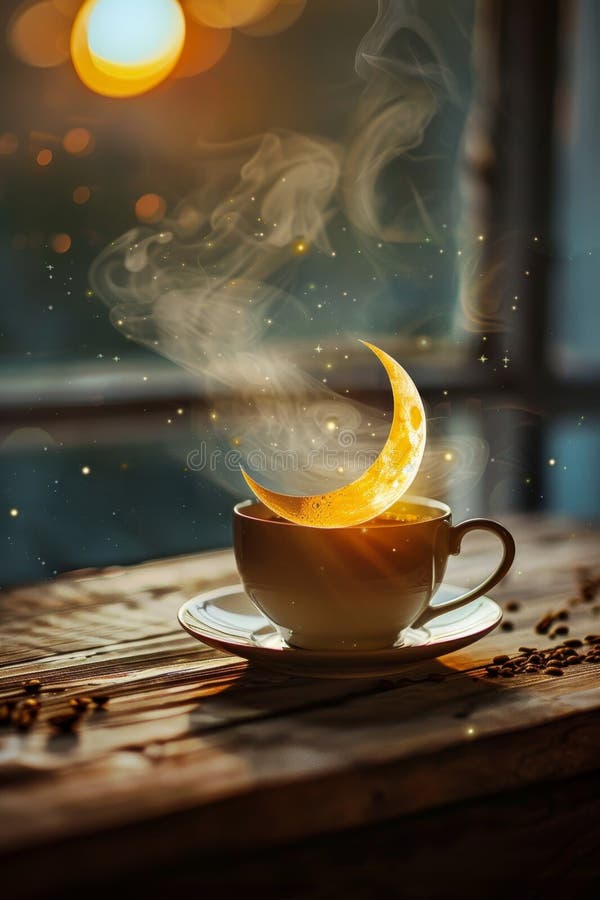 Cup with Coffee and Yellow Moon. Night in the Kitchen Stock ...