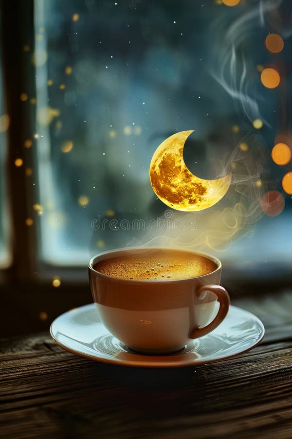 Cup with Coffee and Yellow Moon. Night in the Kitchen Stock ...
