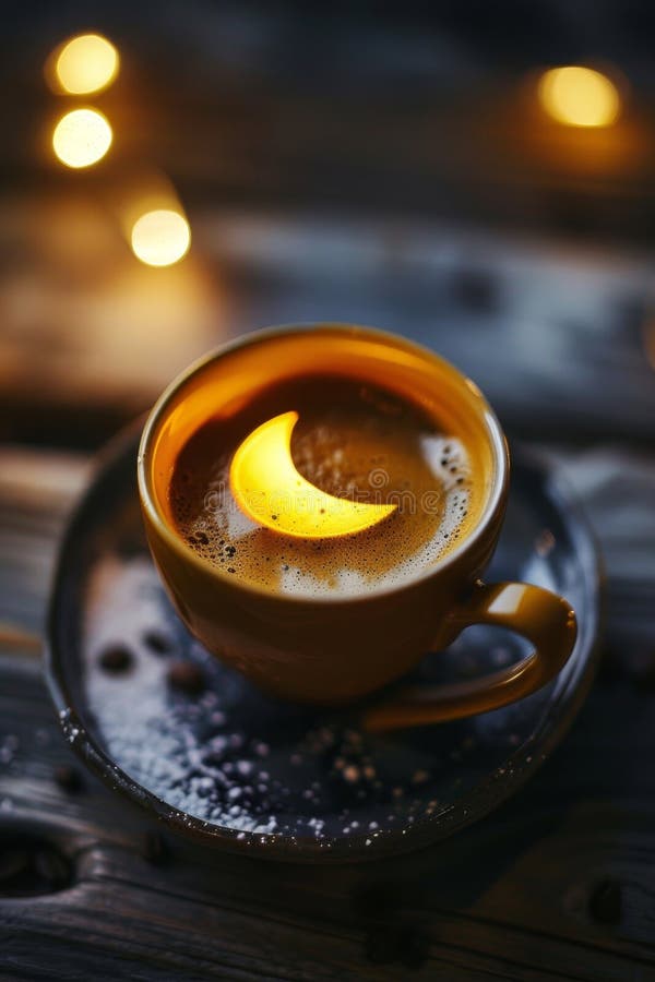 Cup with Coffee and Yellow Moon. Night in the Kitchen Stock ...